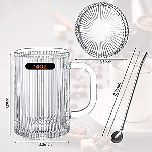 Glass Coffee Mugs Clear Mug - 14 Oz Ribbed Mugs with Straw Spoon Classical Vertical Stripes Glass Tea Cups With Lids Set of 4 - Elegant Lovely Gifts for Anniversary Weddings Christmas Birthday