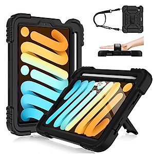 LTROP iPad Mini 6 Case 2021, iPad Mini 6th Generation Case for Kids, Heavy Duty Shockproof Cover with Pencil Holder/360 Rotating Stand/Hand Strap for iPad Mini 6th Generation 8.3 Inch 2021, Black