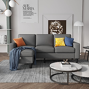Youmumeub Convertible Sectional Sofa, L-Shape Linen Fabric Sofa Couch with Storage Ottoman, 3-Seats Sofa for Small Living Room and Apartment, Dark Grey