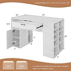 COSTWAY 36” Counter Height Sewing Table, 53 Inch Artwork Craft Table with 14 Open Compartments, 3-Position Adjustable Shelf, 1 Drawer & Cabinet, Project Center Desk Drafting Sewing Workstation, White
