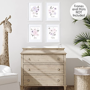 Sweet Jojo Designs Lavender Purple, Pink Grey and White Wall Art Prints Room Decor for Baby, Nursery, and Kids for Watercolor Floral Collection - Set of 4 - Peace, Love, Joy, Bliss