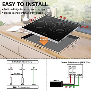 Electric Cooktop 24 Inch, ECOTOUCH Built-in Electric Stove Top 3 Burner Cooktops, ETL & FCC Certificated Glass Radiant Electric Stovetop 6600W, Upgraded 16 Power Levels, 220-240V for Hard Wire