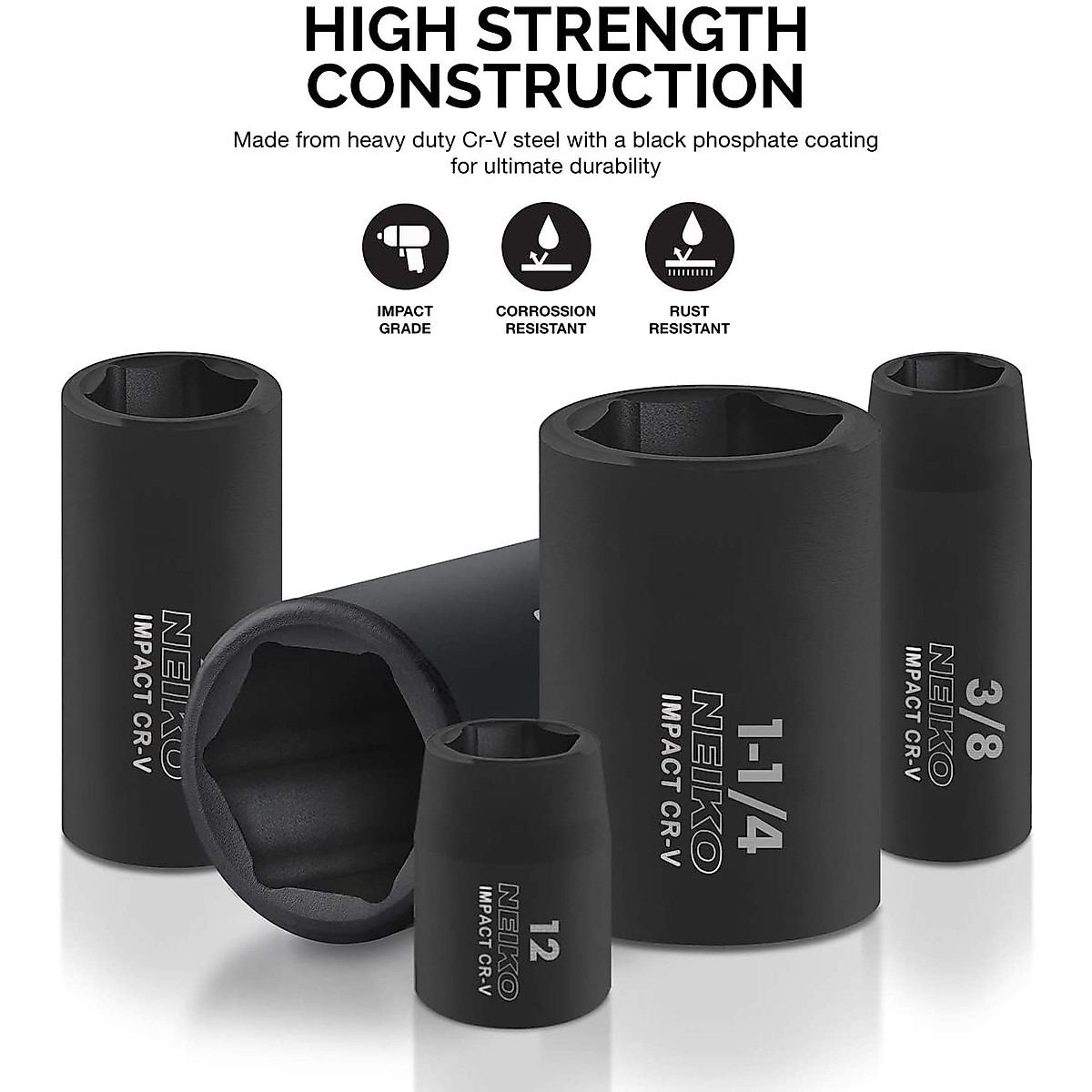 NEIKO 02448A 1/2" Drive Master Impact Socket Set, 65 Piece, Standard SAE (3/8"-1-1/4") & Metric (10-24 mm) Sizes, Deep & Shallow Kit, Includes Adapters & Ratchet Handle