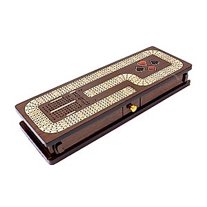 House of Cribbage - Continuous Cribbage Board/Box Inlaid in Wenge Wood/Maple : 4 Track - Cards & Pegs Storage Drawer with Score Marking Fields for Skunks, Corners and Won Games