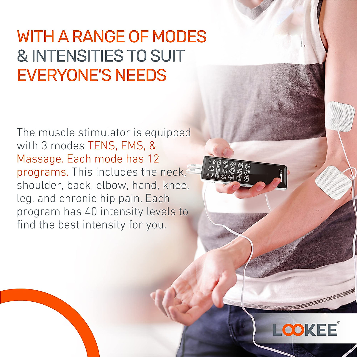 LOOKEE 4-Channel TENS Unit Muscle Stimulator for Pain Relief Therapy - Premium LED EMS Muscle Stimulator with 36 Mode & 40 Intensity Levels - Rechargeable TENS Machine FSA/HSA Eligible