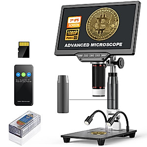 KZYEE 7 inch Digital Microscope Shows Entire Coin, Extension Tube, IPS Screen, 1080P Coin Magnifier with 8 LED Lights, 1200x Soldering Microscope Portable for Adult Kids, IR Remote, Specimens