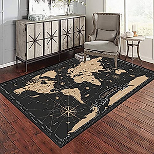 PeeNoke World Map Vintage Black Golden Detailed Area Rug Outdoor Patio Rug Play Mat Modern Floor Carpet Non-Slip Home Decor Living Room Kids Bedroom Nursery, 3x5 ft