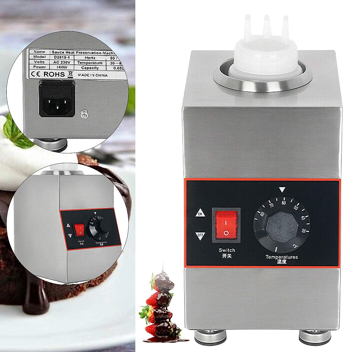 Commercial Sauce Warmer Sauce Heat Preservation Machine 86°F~185°F Electric Hot Fudge Cheese Caramel Jam Toppings Warmer Countertop Sauce Dispenser, 650ml Bottle