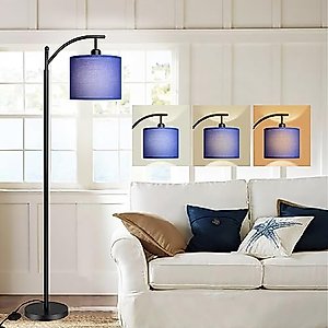 DLLT Arc Floor Lamp with 3 Color Temperatures, Standing Lamp with Linen Shade, Modern Tall Lamp for Living Room, Reading Floor Lights for Bedroom, 8W LED Bulb Included, Black with Blue Lampshade