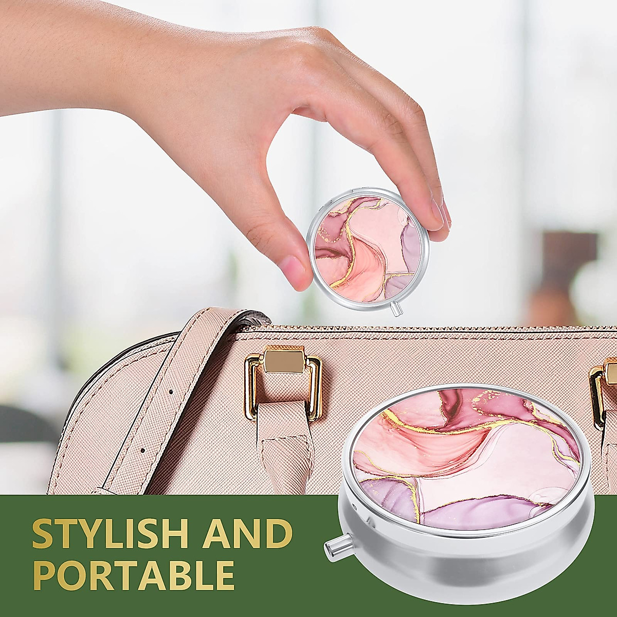 Nipichsha Pill Box, Small Pill Case for Purse & Pocket, Cute Medicine Organizer Travel Pillbox, Portable Pill Container Holder to Hold Vitamins, Medication, Fish Oil and Supplements, Pink Marble