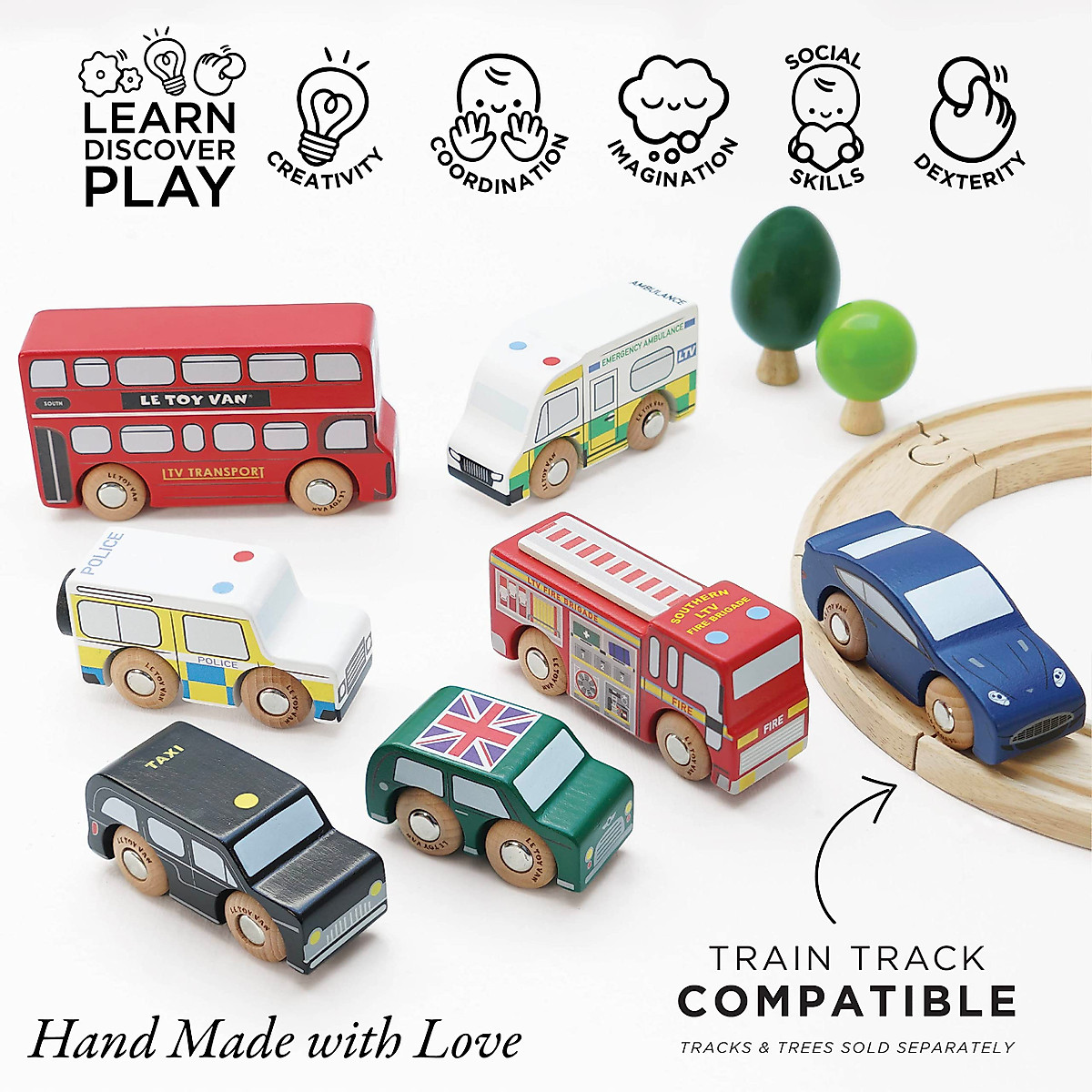 Le Toy Van London Car Set Premium Wooden Toys for Kids Ages 3 Years & Up (TV267), 7-pk