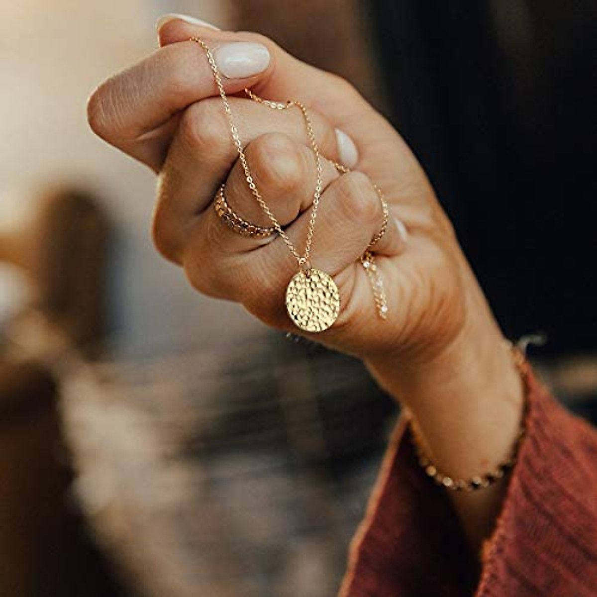 LOYATA Disc Coin Pendant Necklace,14K Gold Plated Full Moon Necklace Round Disc Coin Pendant Necklace for Women (Full Moon Gold)