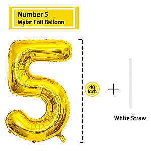 5 Number Balloon Gold 40 inch Big Foil Mylar 5th Balloons for 5 Year Old Boy Girl Birthday Party Decorations Wedding Anniversary Events Supplies