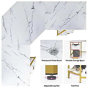 Teraves Modern L Shaped Desk with Shelves,64.84" Computer Desk/Gaming Desk for Home Office,Corner Desk with Large Desktop (White Marbling+ Gold Frame, Large+4 Tier Shelves)