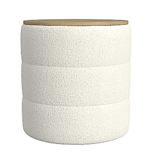 HomePop Channel Storage Ottoman with Wood Top - Cream Boucle