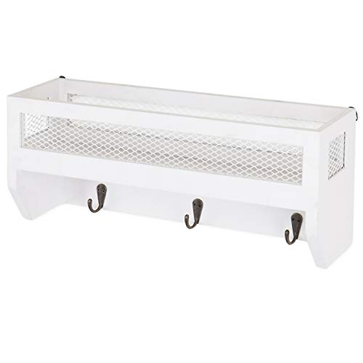 MyGift 16-inch Country Rustic White Wood & Metal Wall-Mounted Storage Wire Mesh Basket Rack w/Key Hooks