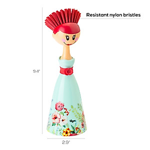Vigar Dolls Dish Brush with Ergonomic Handle and Dres-Shaped Storage Holder - Scrub Brush for Pans, Pots, Kitchen Sink Cleaning, Blue/Pink
