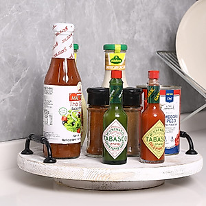 MyGift 12 Inch Whitewashed Wood Lazy Susan Turntable Rotating Tray, Round Condiment Serving Tray with Black Vintage Metal Handles