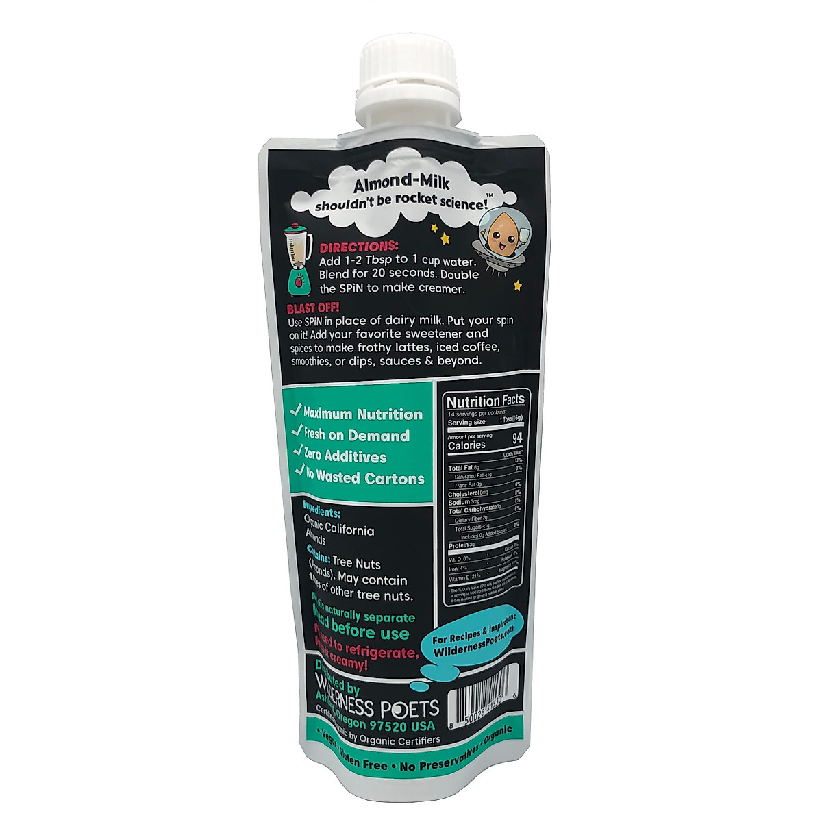 Wilderness Poets SPiN, Organic Almond Milk Concentrate (Unsweetened) - 14 Servings - Make Almond Milk or Non-Dairy Creamer for Coffee, Tea, Lattes, Smoothies (8 Ounce Squeeze Bag)