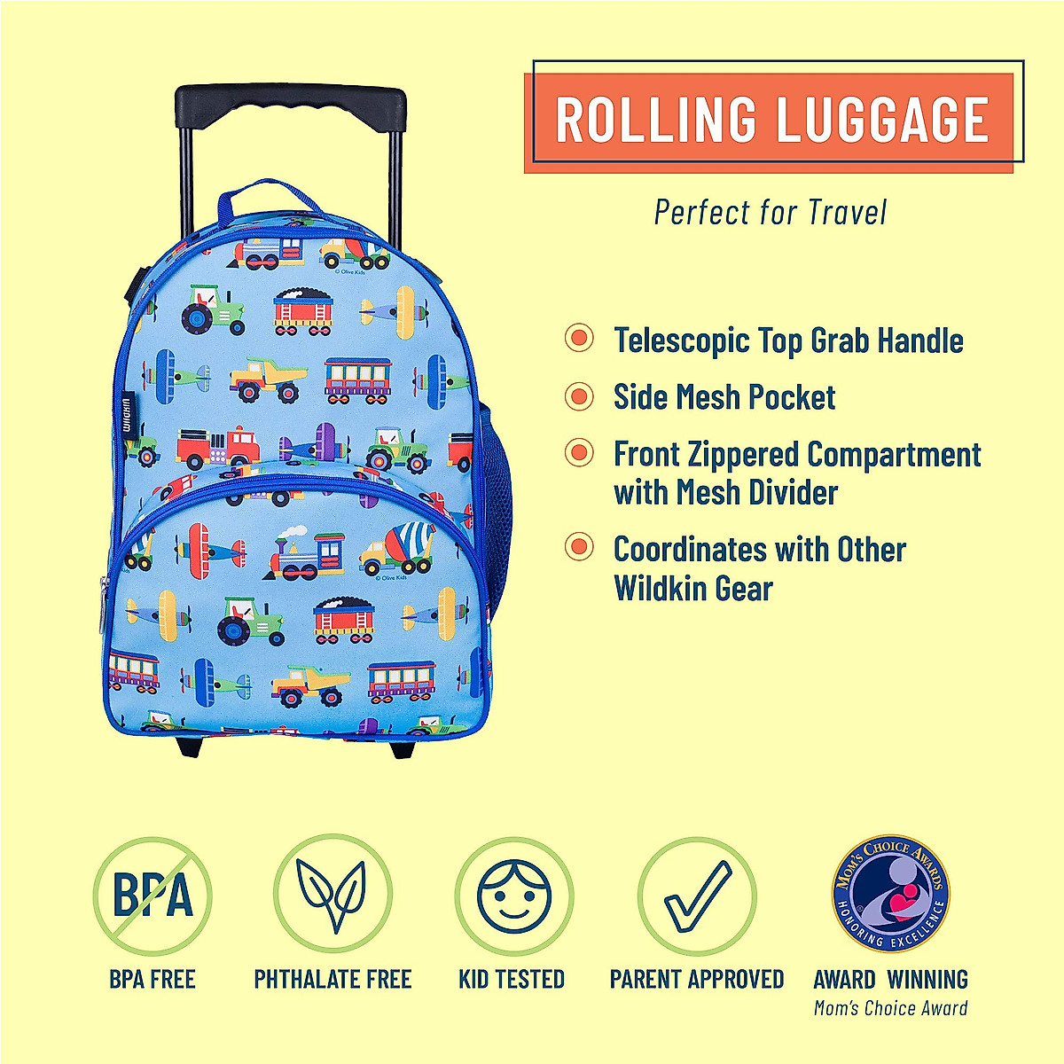 Wildkin Kids Rolling Luggage for Boys and Girls, Carry on Luggage Size is Perfect for School and Overnight Travel, Measures 16 x 12 x 6 Inches (Trains, Planes, and Trucks)