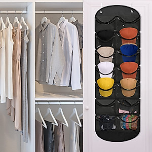 Owkjar 14 Pockets Hat Organizer for Closet, Hat Racks for Baseball Caps, Hat Storage with Clear Deep Pockets, 4 Hooks, Hat Rack Over The Door/Wall for Baseball, Golf, and Sports Caps