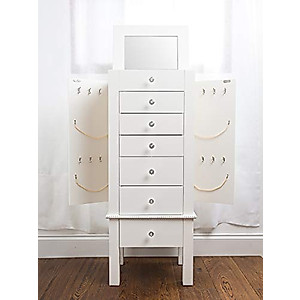 Alveare Home Helena Standing Jewelry Armoire – Elegant Storage with 6 Drawers, Jewel Knobs, Mirror, Ring Rolls, Necklace Hooks & Cord Management – White Finish