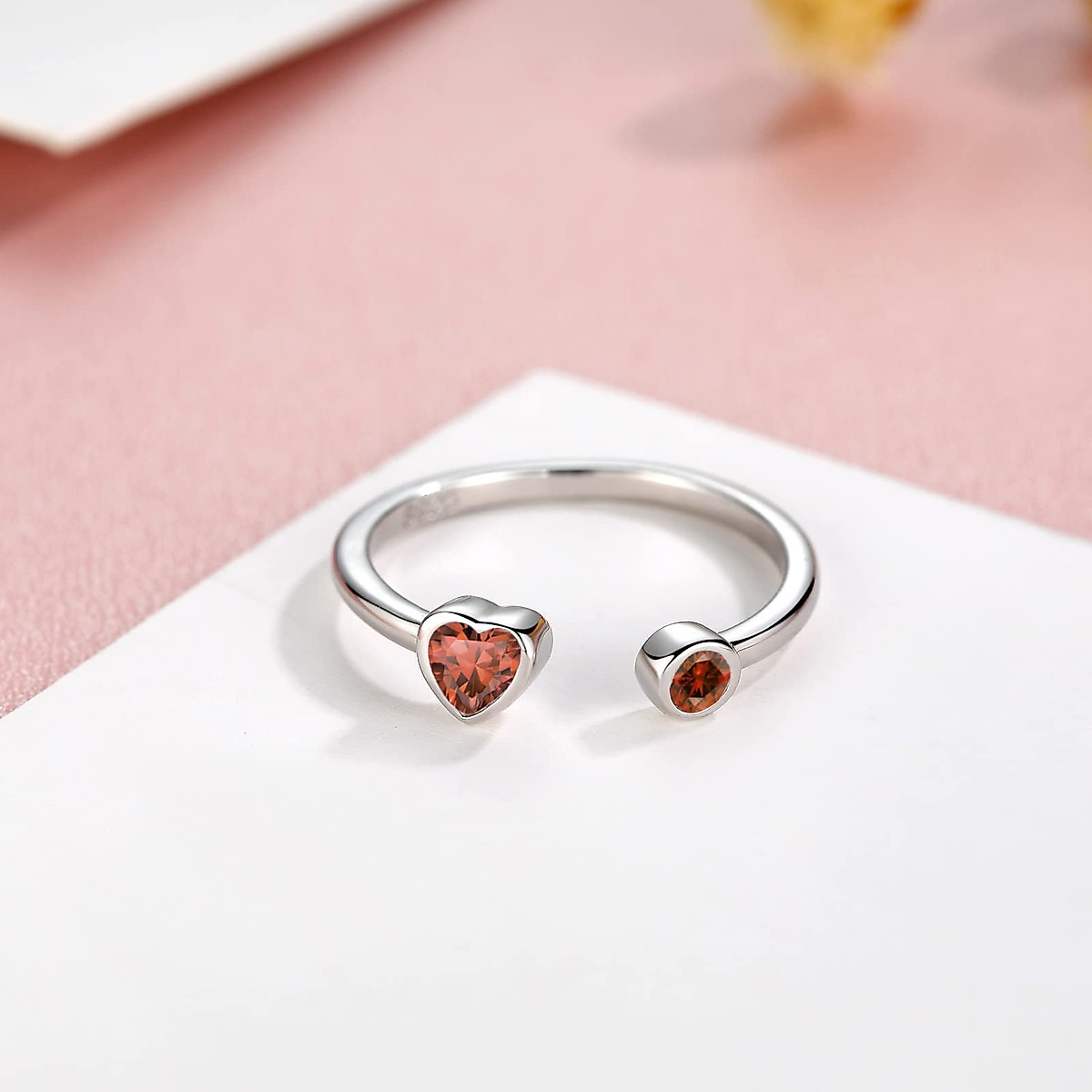 January Garnet Birthstone Heart Ring, 925 Sterling Silver Adjustable Birthstones Stackable Finger Open Rings Wedding Engagement Eternity Bands with Red CZ, Birthday Jewelry Gift for Women