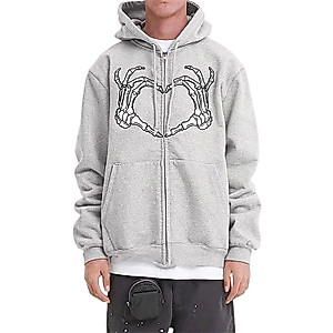 Women Men Oversized Zip Up Sweatshirt Hoodie Jacket Halloween Skeleton Print Coat Aesthetic Streetwear Top Gray