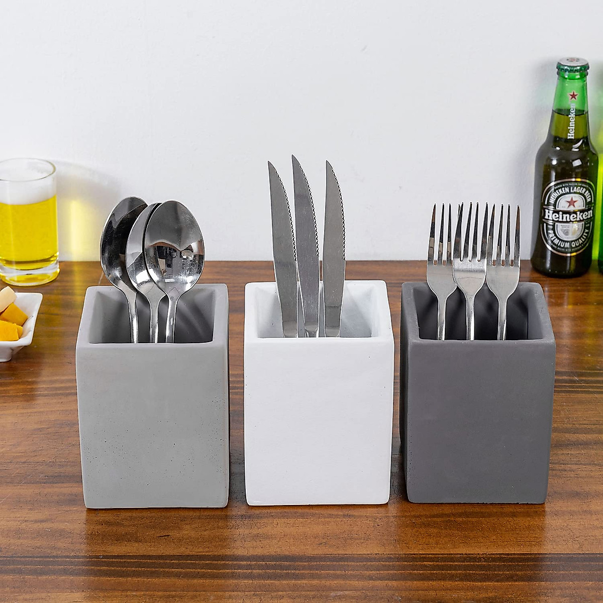 MyGift Deluxe Modern Gray Monochrome Concrete Kitchen Dining Utensil Holders - Cooking Tools and Accessories Storage Organizer Crocks, Set of 3