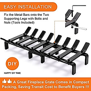 WILLOW WEAVE 20" Fireplace Grate Wood Stove Grate Rack Stove Burning Rack Heavy Duty Solid Steel 8-Bars Firewood Holder Easy Assembly Fire Grate for Indoor Hearth Outdoor Firepit Matt Black