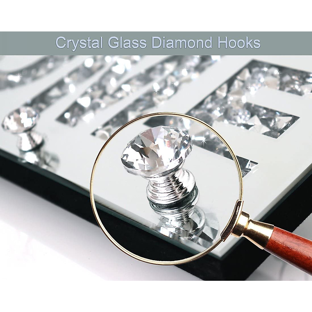 Crush Diamond Mirrored Home Letter Plaque Sign for Wall Decor, Crystal Clear Hooks Key Holder Key Hanger, Silver Mirror Decoration Wall Art, Wall Mounted Home Decor 15"×5.9"×1.6"