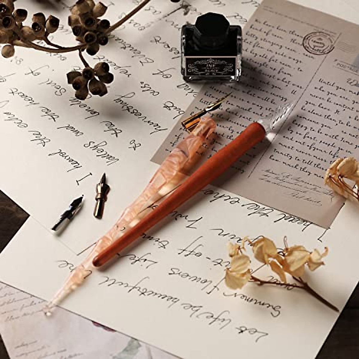 VANGOAL Oblique Calligraphy Pen and Glass Pen Ink set, Includes Crystal Oblique Dip Pen,Wooden Glass Pen,5 Different Nibs and Bottle of Ink, Gorgeous Art & Business Gift (Orange+Pink)