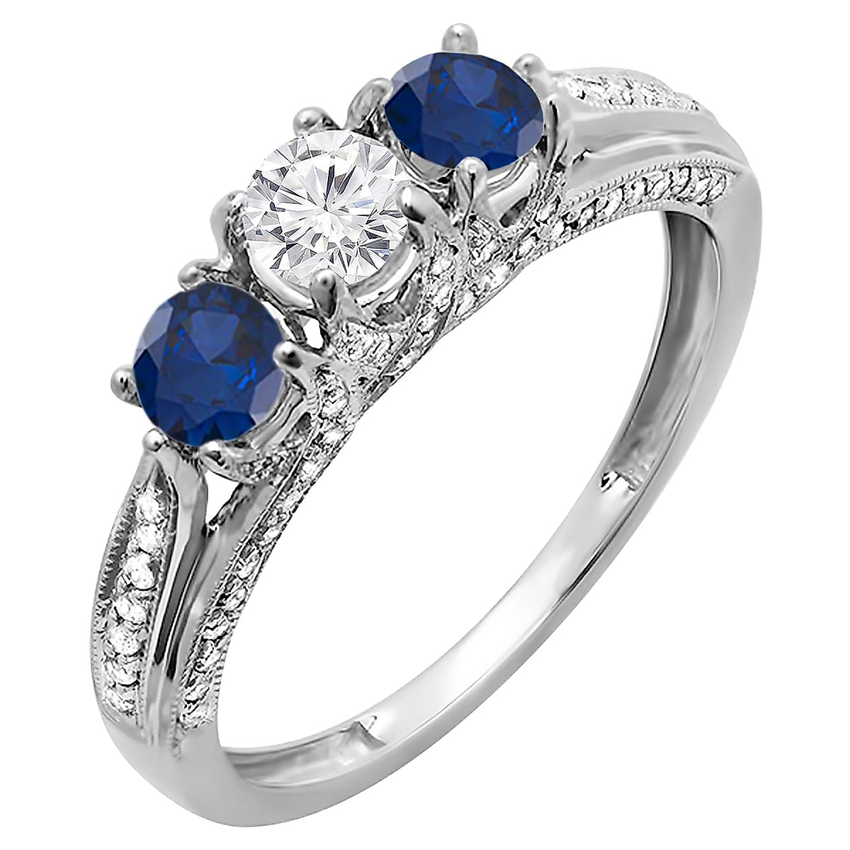 Dazzlingrock Collection Round Blue Sapphire & White Diamond 3 Stone Wedding Ring for Women in 14K White Gold Size 6