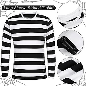 URATOT Adult Halloween Robber Costume Set Prop Money Black Gloves Face Cover White Striped T-Shirt Bags, L