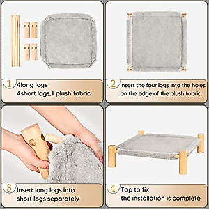 FLUFFEE Cat Hammock Bed, Wooden Elevated Cat Bed for Indoor Cats, Portable Washable Raised Pet Bed for Kitten Puppy Rabbit - Grey