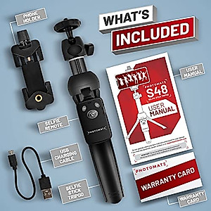 PhotoMate 48 Inch Selfie Stick Tripod with Remote for iPhone 14, 13, 12, 11, Max, Pro, Android - Mini Portable Cell Phone Stand