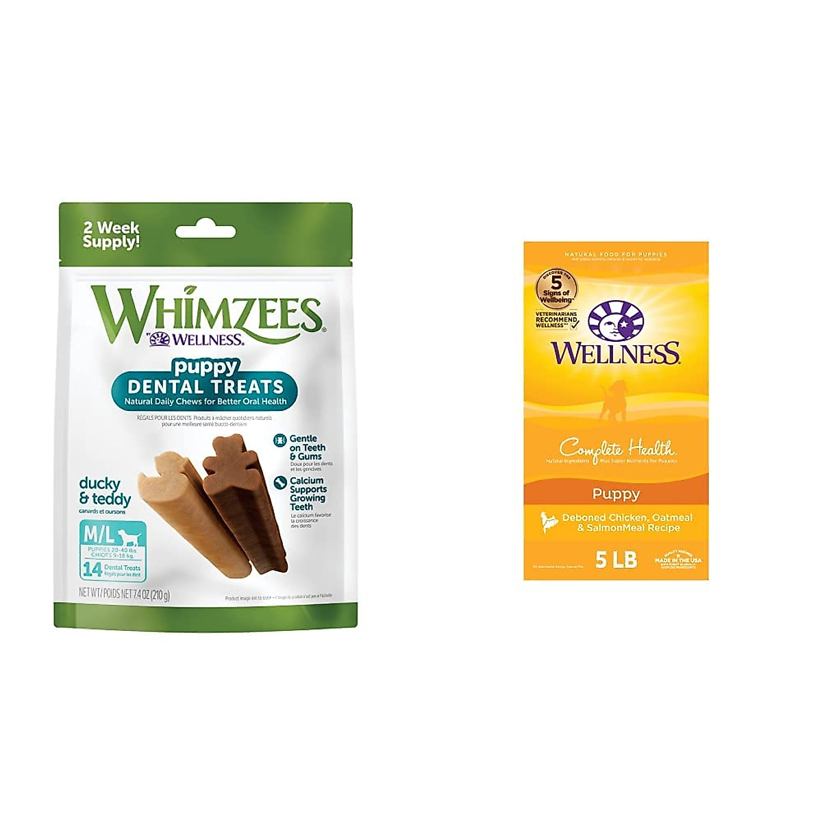 Whimzees by Wellness Dental Treats for Puppies (M/L) + Wellness Complete Health Dry Puppy Food with Grains, 5 lb Bag