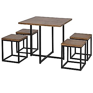 HOMCOM 5 Piece Dining Table Set for 4, Kitchen Table and Chairs for Breakfast Nook, Small Space, Apartment, Space Saving, Walnut Wood Color