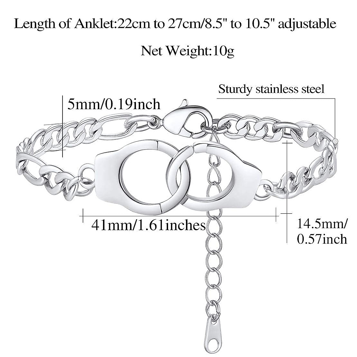 FindChic Handcuff Ankle Bracelets for Women Partners in Crime Stainless Steel Gothic Punk Jewelry 8.5'' Adjustable Ankle Chain Foot Link Infinity Anklets
