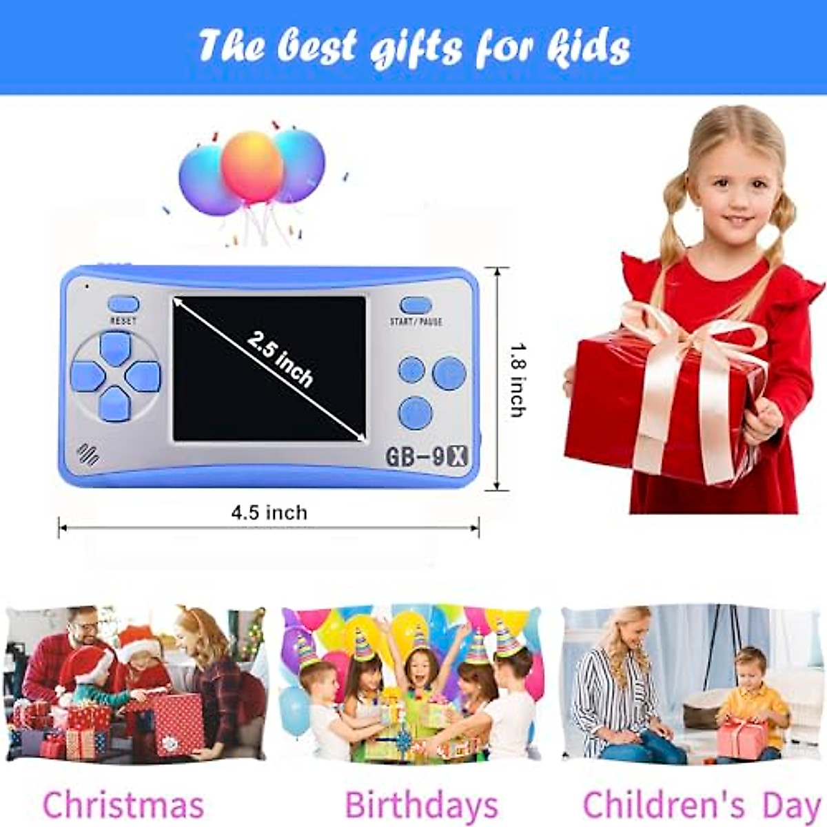 JJFUN Mini Handheld Games for Kids Portable Retro Video Game Player Built-in 168 Classic Games 2.5 inches LCD Screen Arcade Gaming System Xmas Present for Boys Girls Ages 4-12 (Blue+Silver)