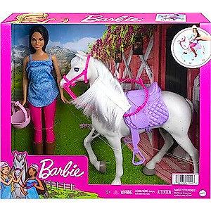 Barbie Doll and Horse, Bendable Brunette Doll with Riding Outfit and Boots, White Horse with Saddle, Bridle and Reins