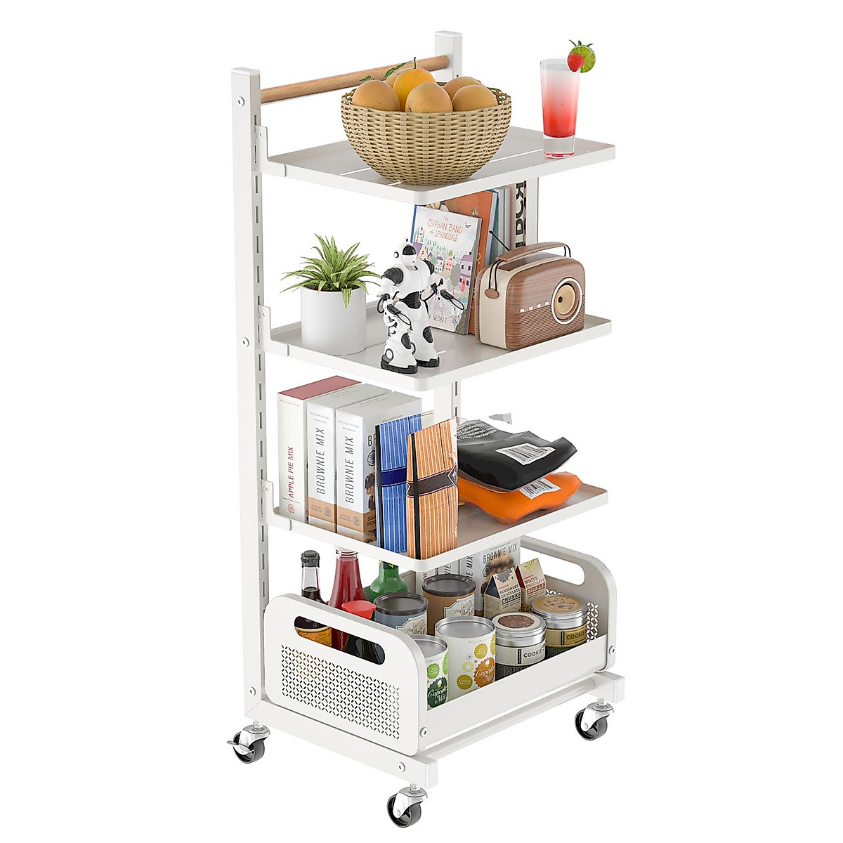 Aratan 4 Tier Rolling Cart, Metal Utility Cart on Wheels, Detachable Small Kitchen Cart Storage Organizer Cart with Wooden Handle for Home, Office and Classroom