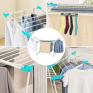 YUBELLES Clothes Drying Rack, Gullwing Laundry Rack, Collapsible, Space-Saving Laundry Rack, with Bonus Sock Clips, for Clothes, Towels, Linens, Indoor/Outdoor, Cyan