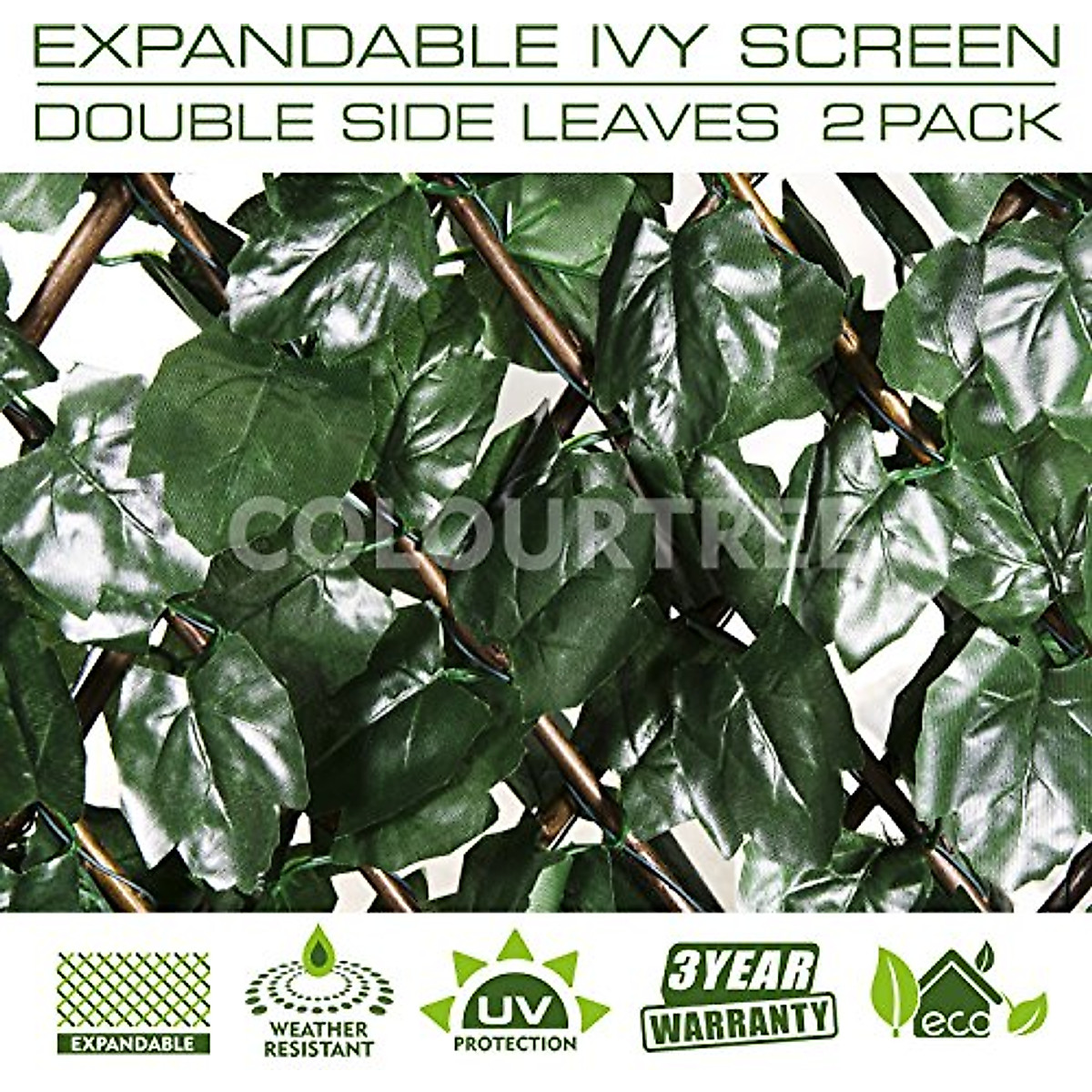 ColourTree Expandable Rectractable Faux Artificial Ivy Trellis Hedge Fence Screen Privacy Screen Wall Screen - Commercial Grade 150 GSM - Heavy Duty - 3 Years Warranty (2, Double Sided Leaves)