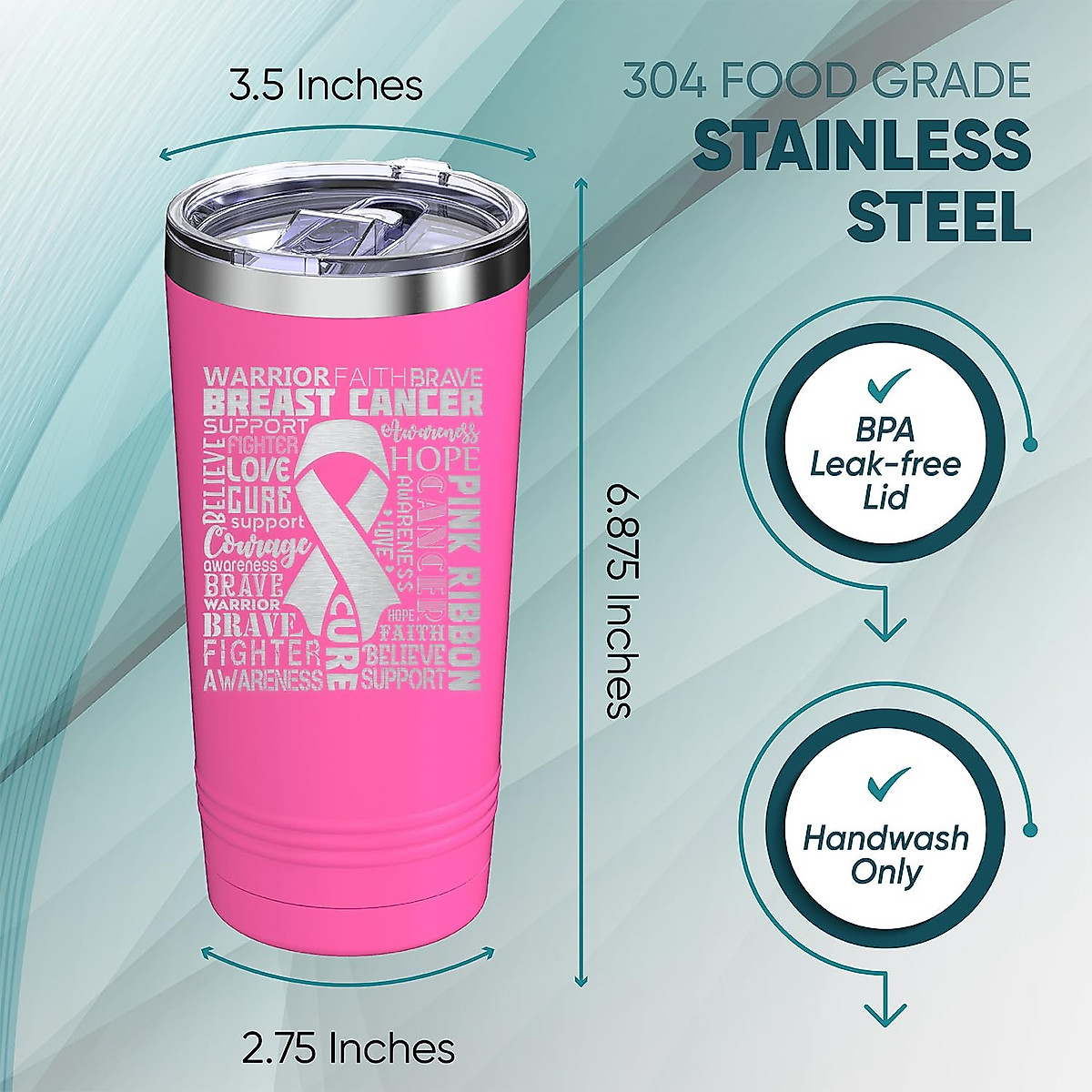 shop4ever Breast Cancer Awareness Ribbon Word Cloud Insulated Tumblers 20 oz. with Lid, Stainless Steel Cups Travel Coffee Mug (Pink)