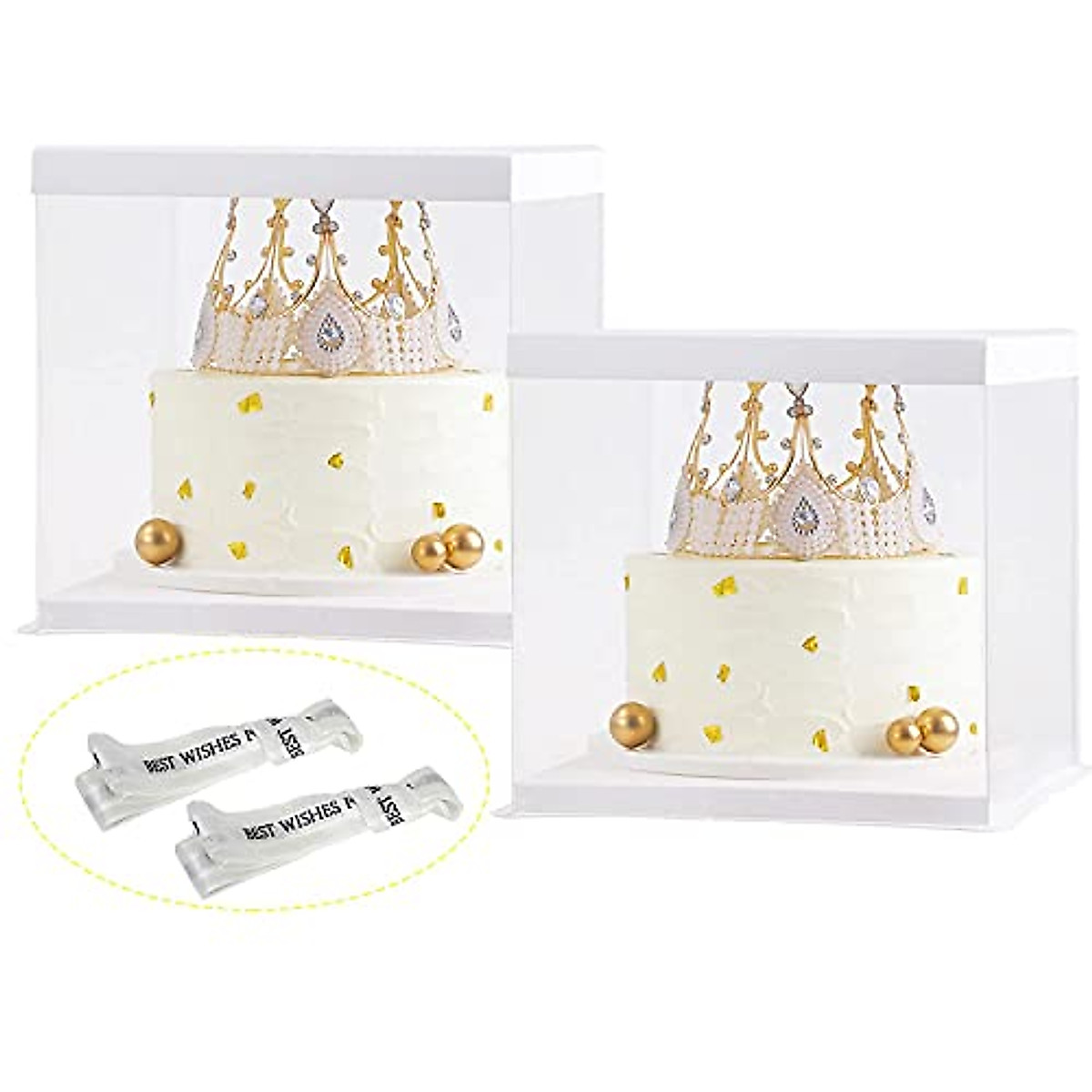 XININSUN 2Pcs Large Cake PET Clear Box, 10" X 10" X 9" with ribbon and pre-folded lid, for 8" cake packing carry, baking cookie display, Carry Tall Layer Gift, Festive Gift Box -White