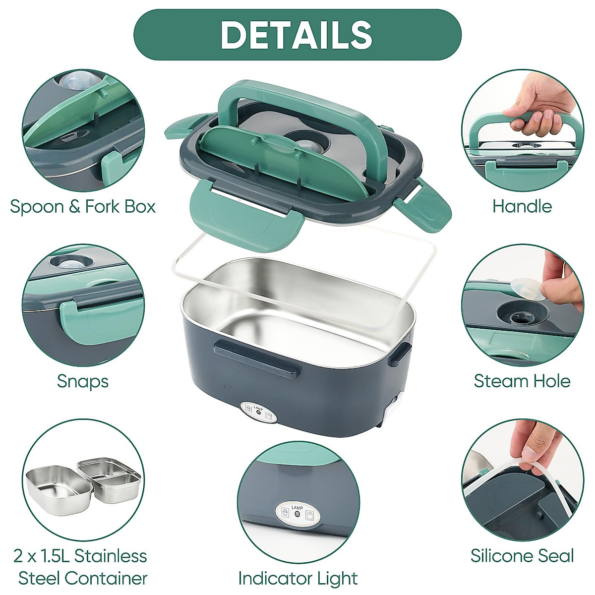 80W Faster Heated Lunch Box for Adults, Electric Lunch Box for Car/Truck/Office, with Dual 1.5L 304 Stainless Steel Food Containers, 0.45L PP Fruit/Snack Container, Fork & Spoon, Insulated Carry Bag