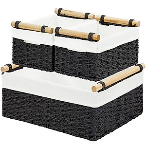 Vagusicc Wicker Storage Basket, Set of 3 Hand-woven Wicker Baskets for Organizing, Large Cube Storage Organizer Baskets Bins with Handles for Shelves Decor, Small Toilet Paper Storage Basket, Black