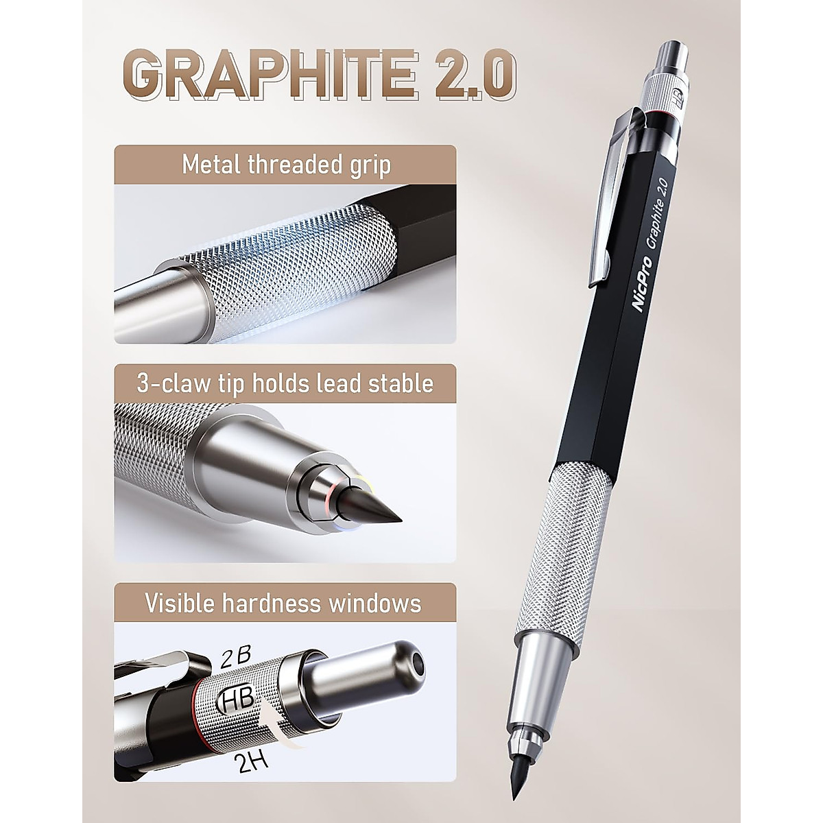 Nicpro 35PCS Art Mechanical Pencil Set, 3 PCS Metal Drafting Pencil 0.5 mm & 0.7 mm & 0.9 mm & 3 PCS 2mm Lead Holder (6B 4B 2B HB 2H 4H Colors) For Sketching Drawing With 20 Tube Lead Refills Case