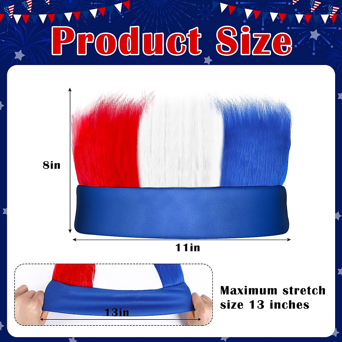 Watayo 2 Pcs Independence Day Patriotic Hairy Headband - 4th of July Crazy Hair Accessory - Red White and Blue Hairband Headwear for Memorial Day, Veterans Day
